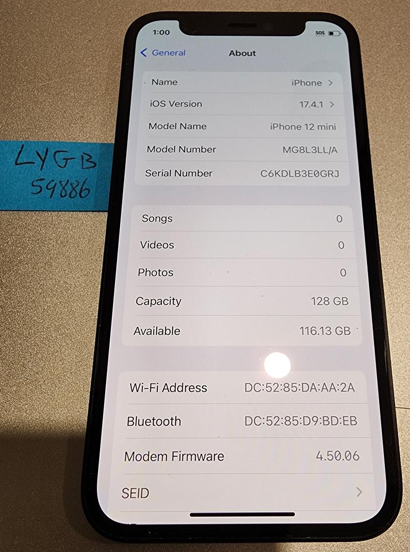 Apple iPhone 12 Mini - Unlocked, Black, 128GB, A2176 - LYGB59886 - Swappa