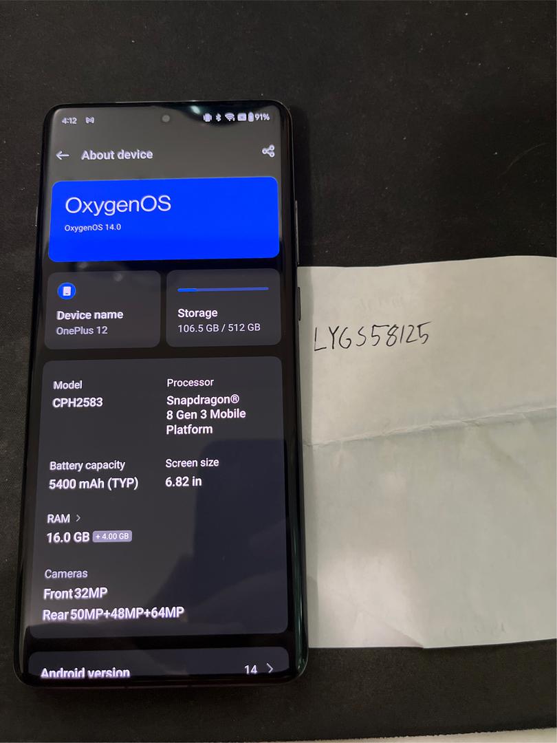 OnePlus 12 - Unlocked, Black, 512GB, 16GB, CPH2583 - LYGS58125 - Swappa